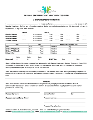 Fillable Online PHYSICAL STATEMENT AND HEALTH STATUS FORM Fax Email ...