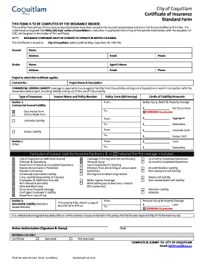 Fillable Online coquitlam Certificate of Insurance - Standard Form 2014 ...