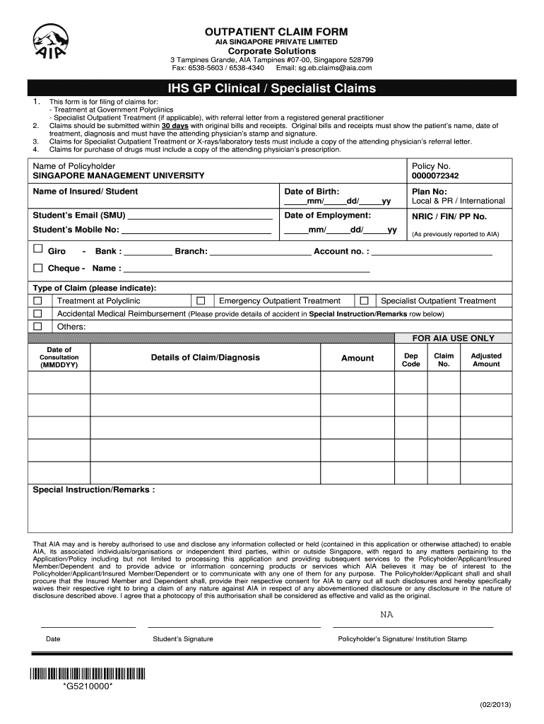 Fillable Online studentlife smu edu AIA OP Claim Form Feb2013 SMUdoc ...