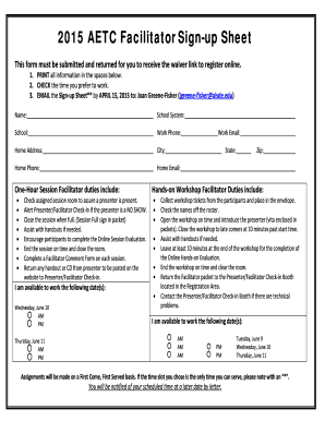 Fillable Online 2015 AETC Facilitator Sign-up Sheet - ALEX Fax Email ...