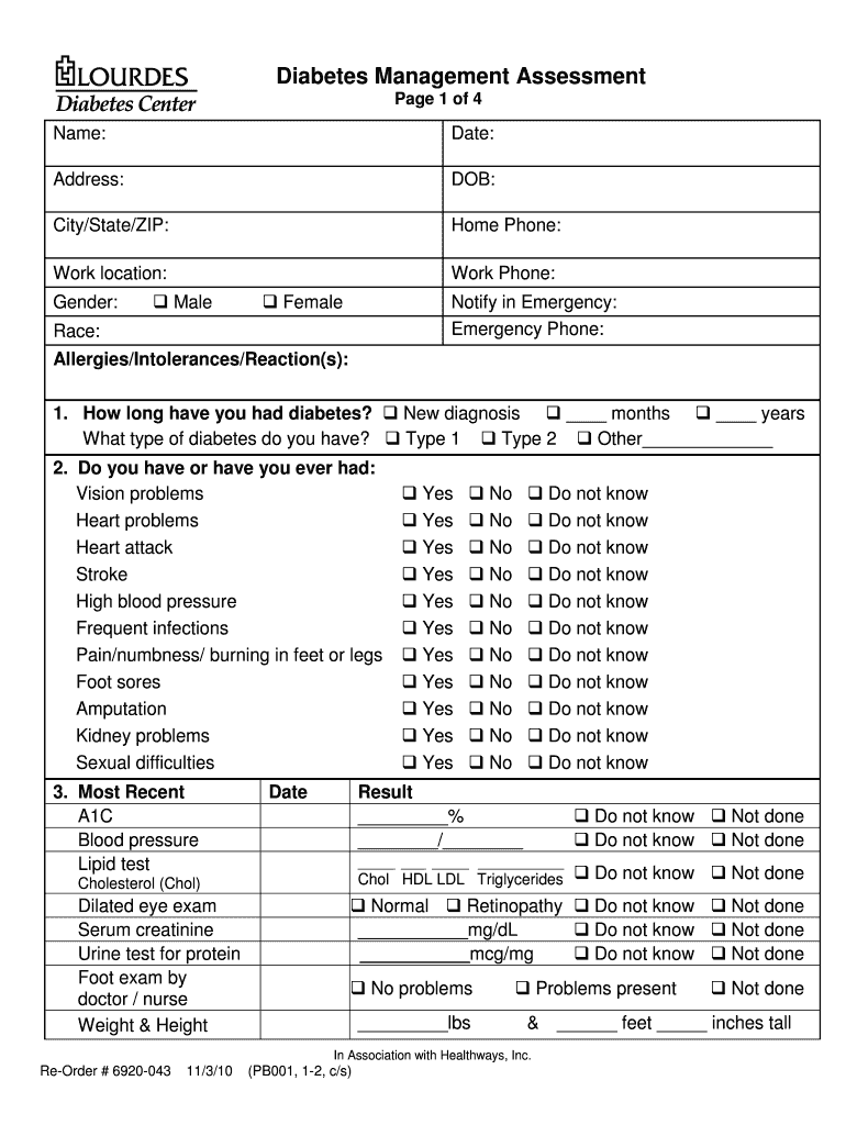 Fillable Online Diabetes Management Assessment - Lourdes Hospital Fax ...
