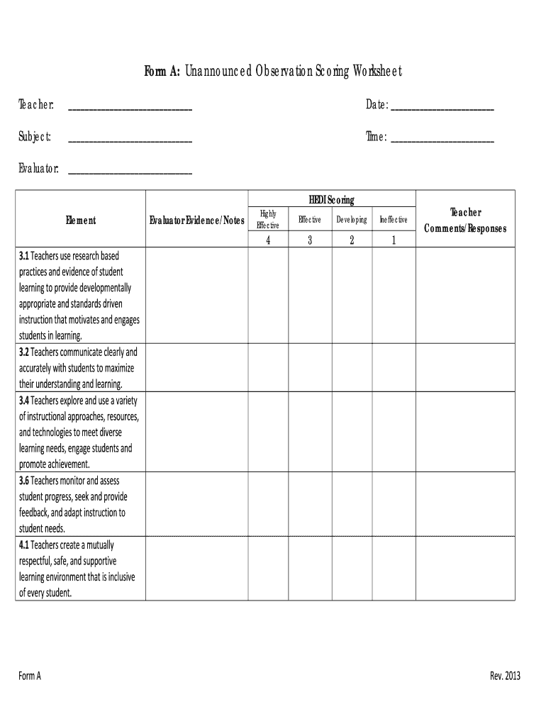 Fillable Online Form A: Unannounced Observation Scoring Worksheet ...