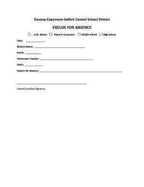 Fillable Online EXCUSE FOR ABSENCE - Ravena-Coeymans-Selkirk High ...