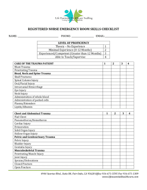 Fillable Online REGISTERED NURSE EMERGENCY ROOM SKILLS CHECKLIST Fax ...