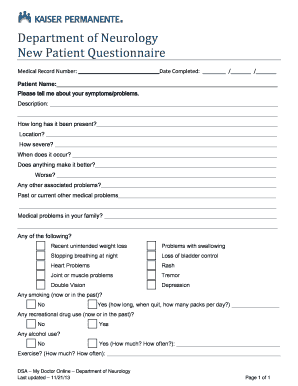Fillable Online mydoctor kaiserpermanente New Patient Questiionnaire ...
