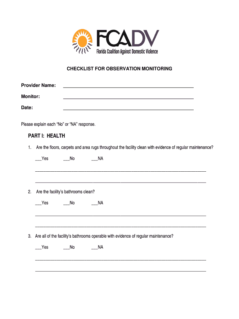 Fillable Online CHECKLIST FOR OBSERVATION MONITORING Provider Name Fax ...