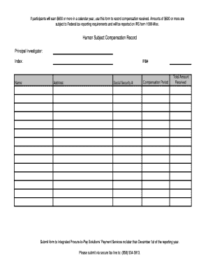 Fillable Online www-bfs ucsd Human Subject Compensation Record Fax ...