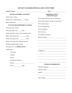 Fillable Online RETURN TO SCHOOL/PHYSICAL EDUCATION FORM Students Name ...