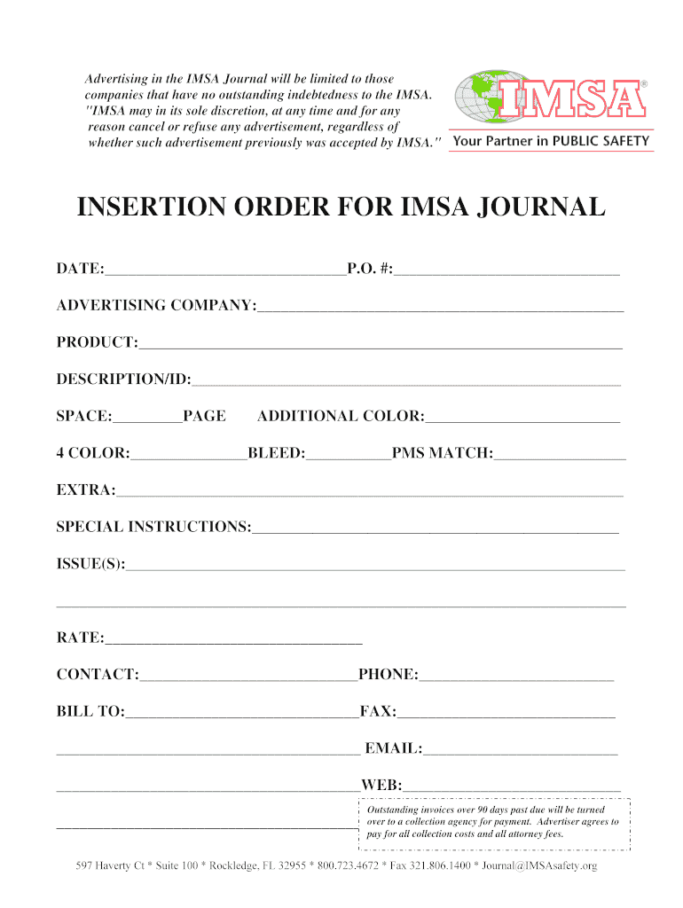 Fillable Online imsasafety INSERTION ORDER FOR IMSA JOURNAL ...