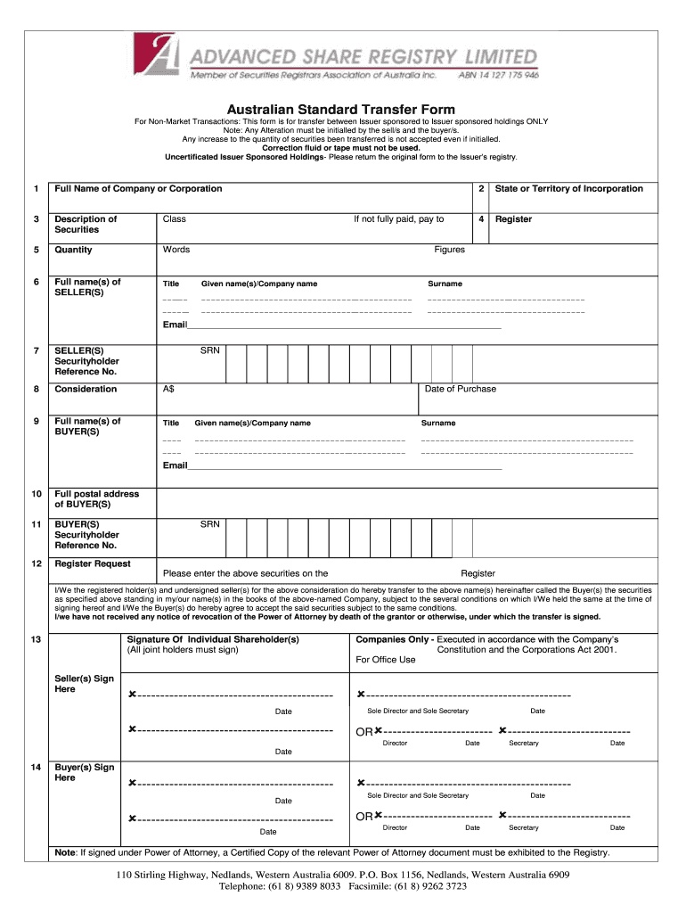 Fillable Online Australian Standard Transfer Form - Alara Fax Email ...
