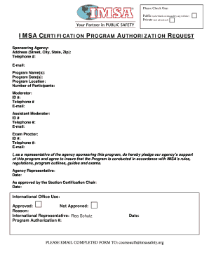 Fillable Online imsasafety IMSA CERTIFICATION PROGRAM AUTHORIZATION ...