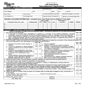 Fillable Online USAble Life - Life Insurance Reinstatement Form - MD ...