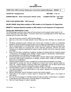 Fillable Online JOB DESCRIPTION POSITION HRIS Human Resources Fax Email ...