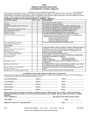 Fillable Online TMC Migrant Seasonal Head Start CONSENT FOR CHILD Fax ...