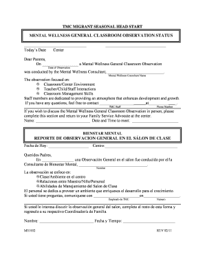 Fillable Online MH 002 classroom observation status formdoc Fax Email ...