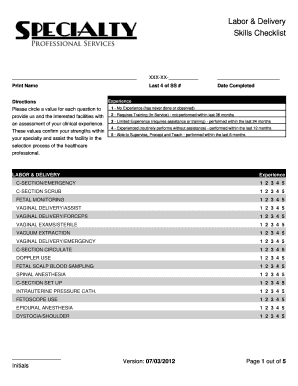Fillable Online Labor amp Delivery Skills Checklist Fax Email Print ...
