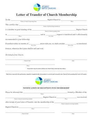 Fillable Online Letter of Transfer1 - baptist-atlanticca Fax Email ...