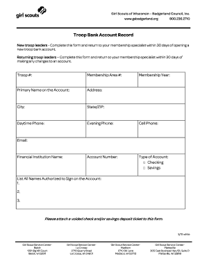 Fillable Online Troop Bank Account Record - Badgerland Council Fax ...