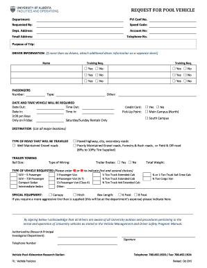 Fillable Online REQUEST FOR POOL VEHICLE - facilitiesualbertaca Fax ...