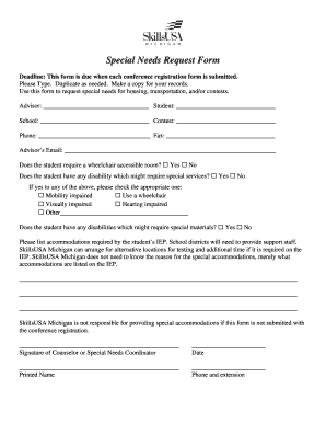 Fillable Online Special Needs Request Form - miskillsusaorg Fax Email ...