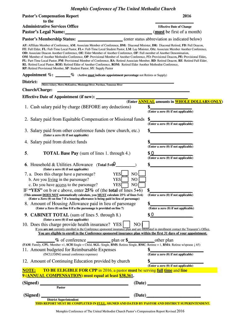 Fillable Online memphis-umc Pastors Compensation Report 2016 to the ...