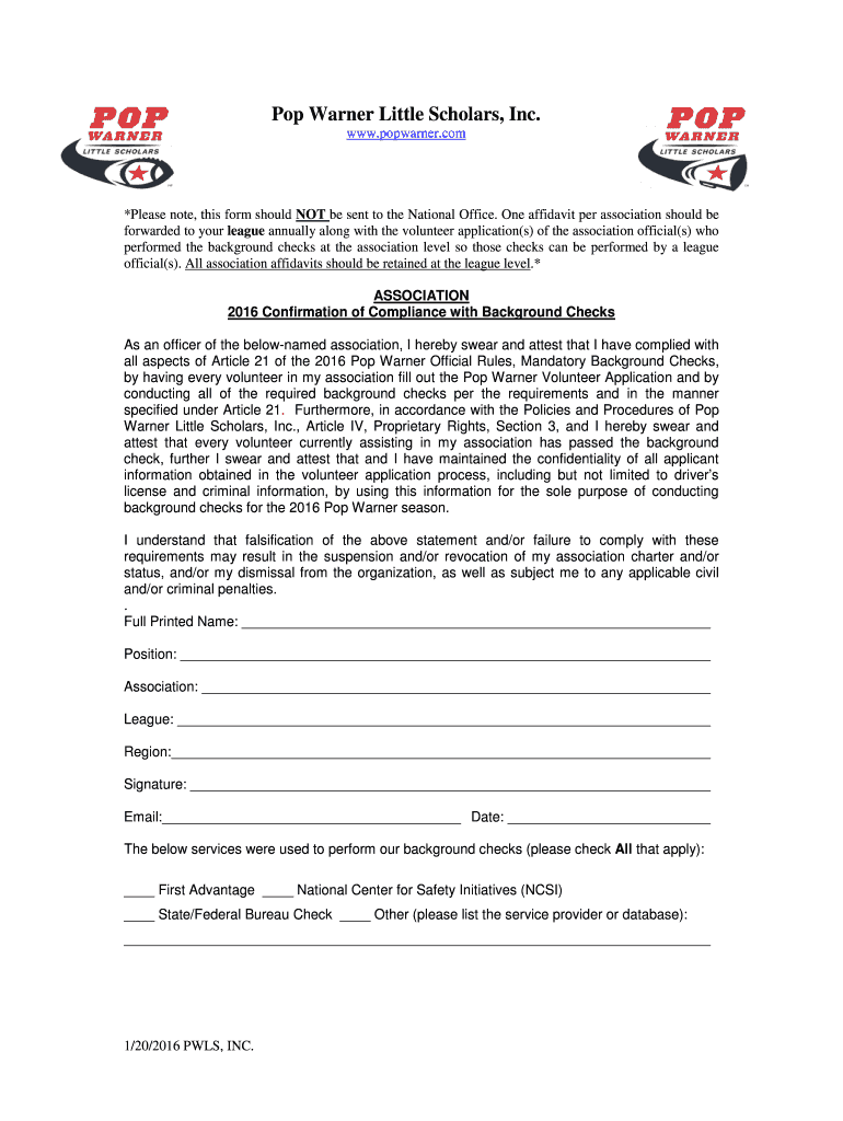 Fillable Online Association Affidavit - Pop Warner Fax Email Print ...