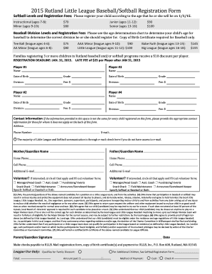 Fillable Online 2015 Rutland Little League Baseball/Softball Registration Form Softball Levels ...
