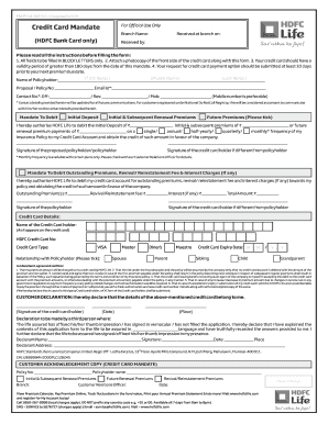 Fillable Online Credit Card Mandate For Official Use Only - HDFC Life ...