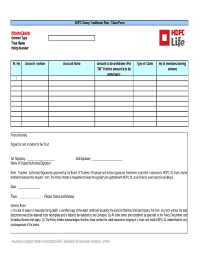 Fillable Online HDFC Group Traditional Plan - Claim Form Scheme Details ...