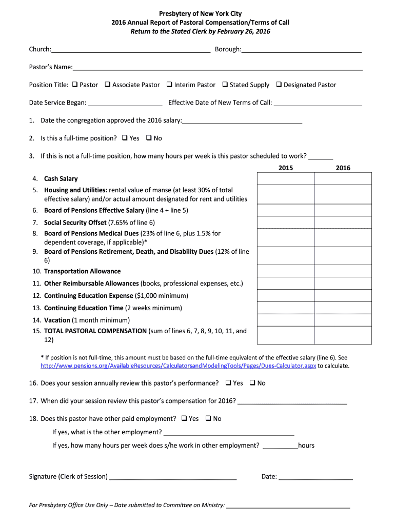 Fillable Online nycpresbytery Pastoral Compensation Report - Presbytery ...
