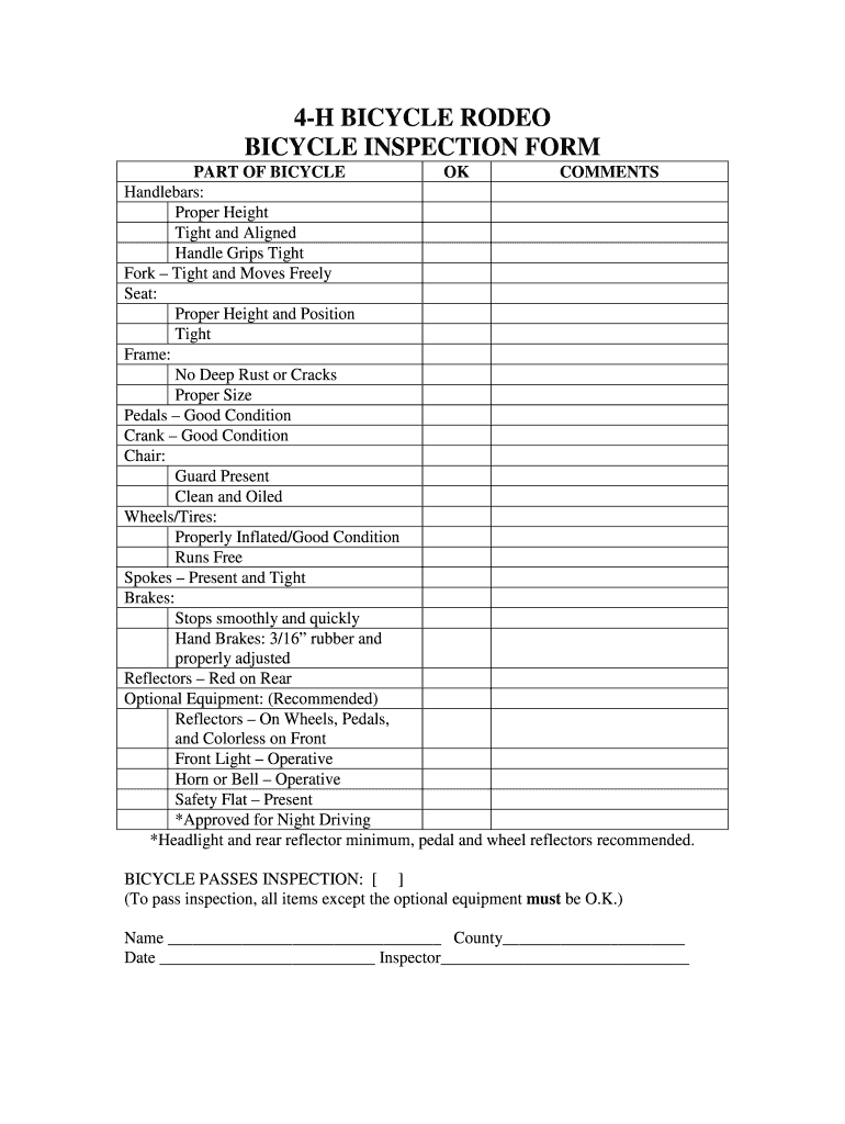 Fillable Online 4-H BICYCLE RODEO BICYCLE INSPECTION FORM Fax Email ...