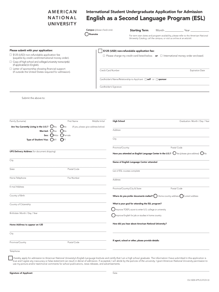 Fillable Online an ESL Application PDF - American National University ...
