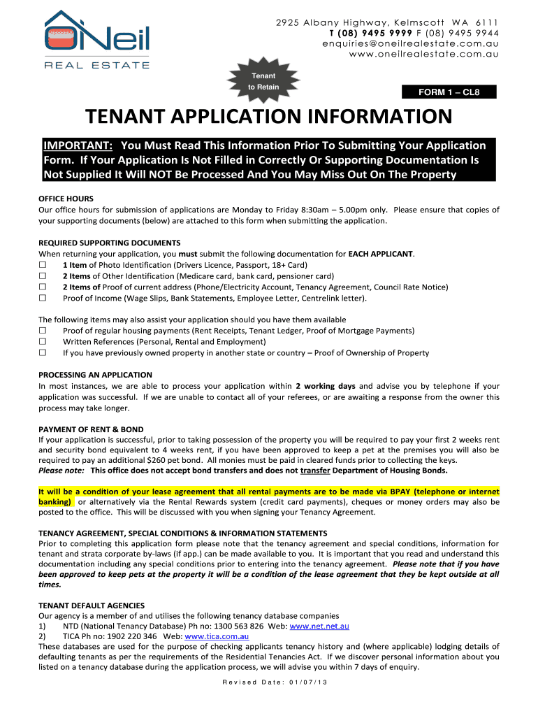 Fillable Online To Retain FORM 1 CL8 TENANT APPLICATION INFORMATION Fax ...