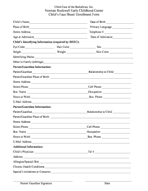 Fillable Online ccberkshire Norman Rockwell Early Childhood Center Childs Face Sheet Fax Email ...