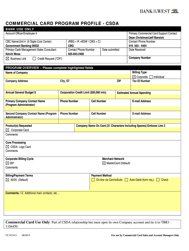 Fillable Online COMMERCIAL CARD PROGRAM PROFILE - CSDA Fax Email Print - pdfFiller