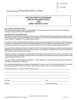Fillable Online DECLINATION OF COVERAGE FOR ACTIVE EMPLOYEES AND HIPPA ...