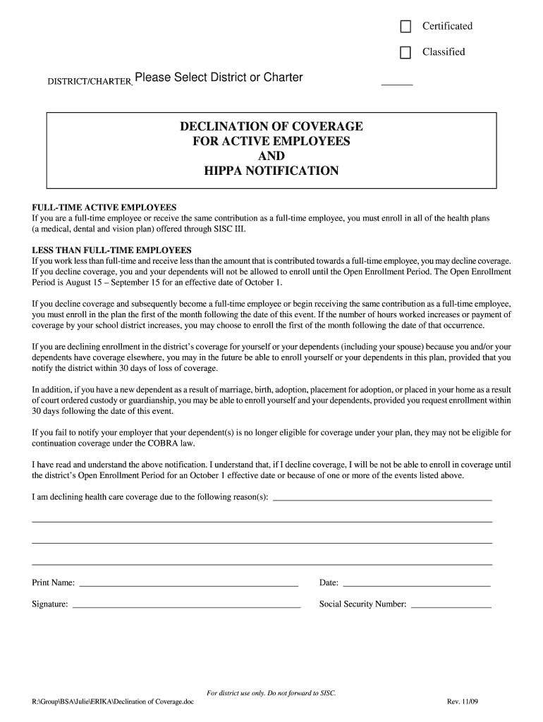 Fillable Online DECLINATION OF COVERAGE FOR ACTIVE EMPLOYEES AND HIPPA ...