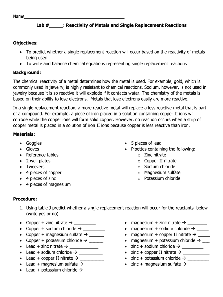 Fillable Online Lab # Reactivity of Metals and Single Replacement ...