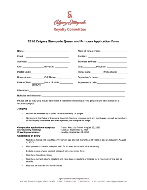 Fillable Online 2016 Calgary Stampede Queen and Princess Application ...