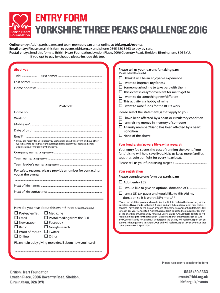 Fillable Online ENTRY FORM YORKSHIRE THREE PEAKS CHALLENGE 2016 - BHF ...