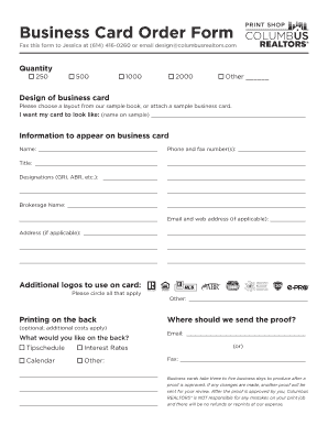 Fillable Online Business Card Order Form PRINT SHOP - Columbus REALTORS ...