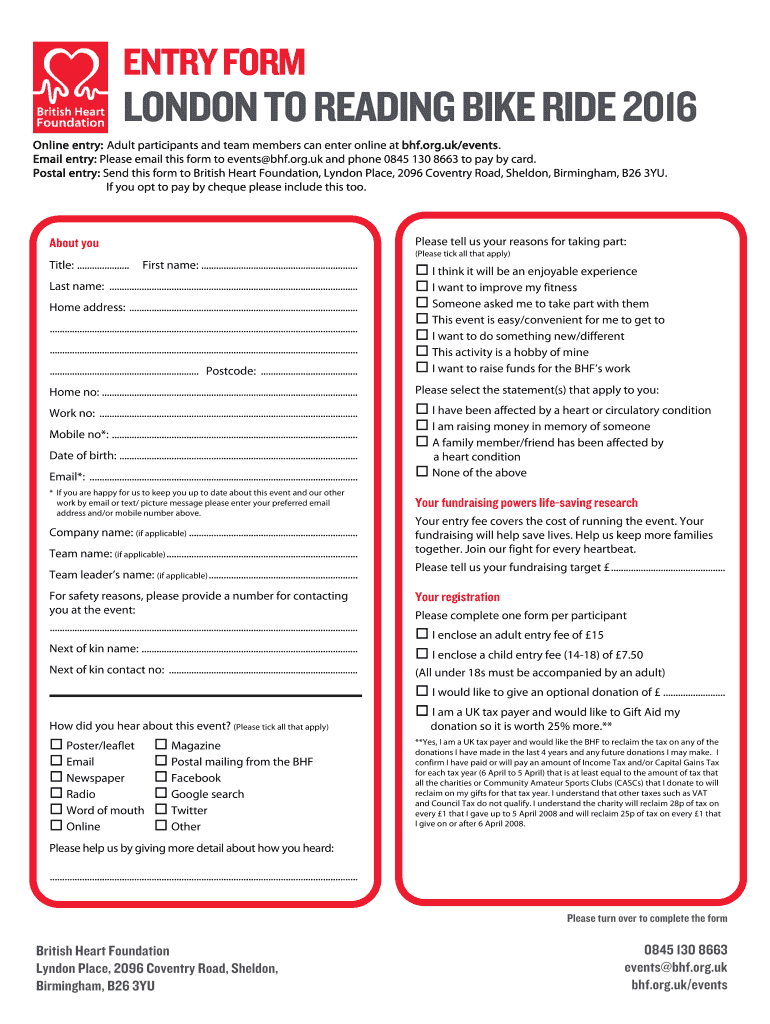 London to Reading Bike Ride Entry Form - Blank Fillable Template | Fill ...