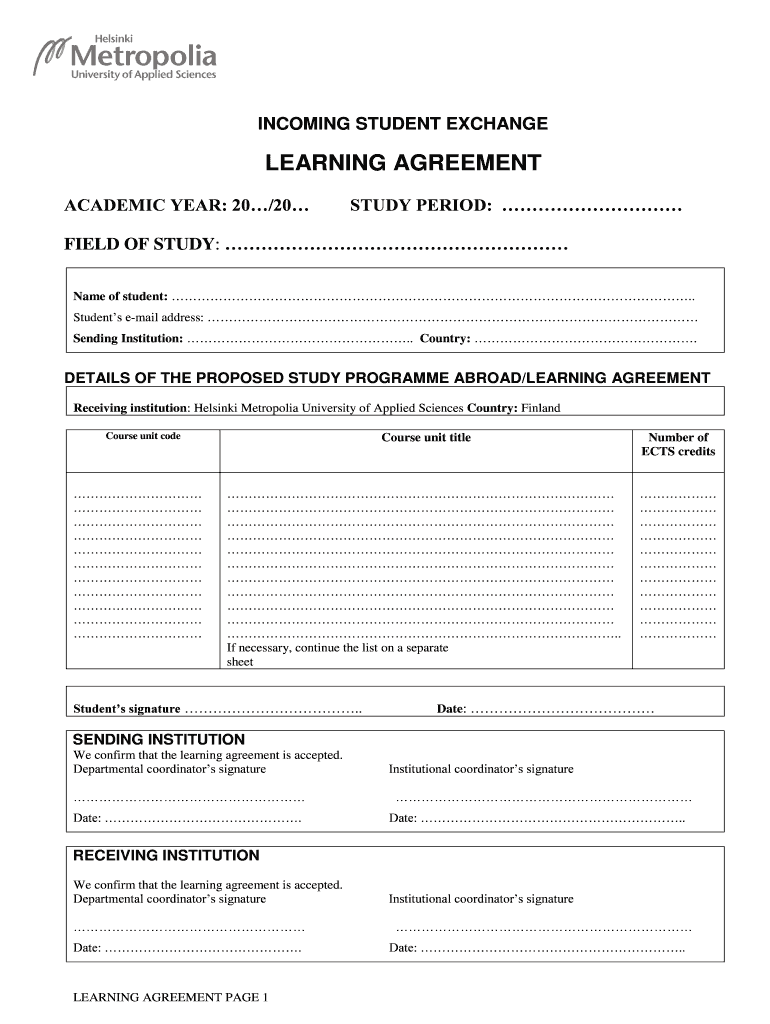 Fillable Online LEARNING AGREEMENT - uniroma2it Fax Email Print - pdfFiller