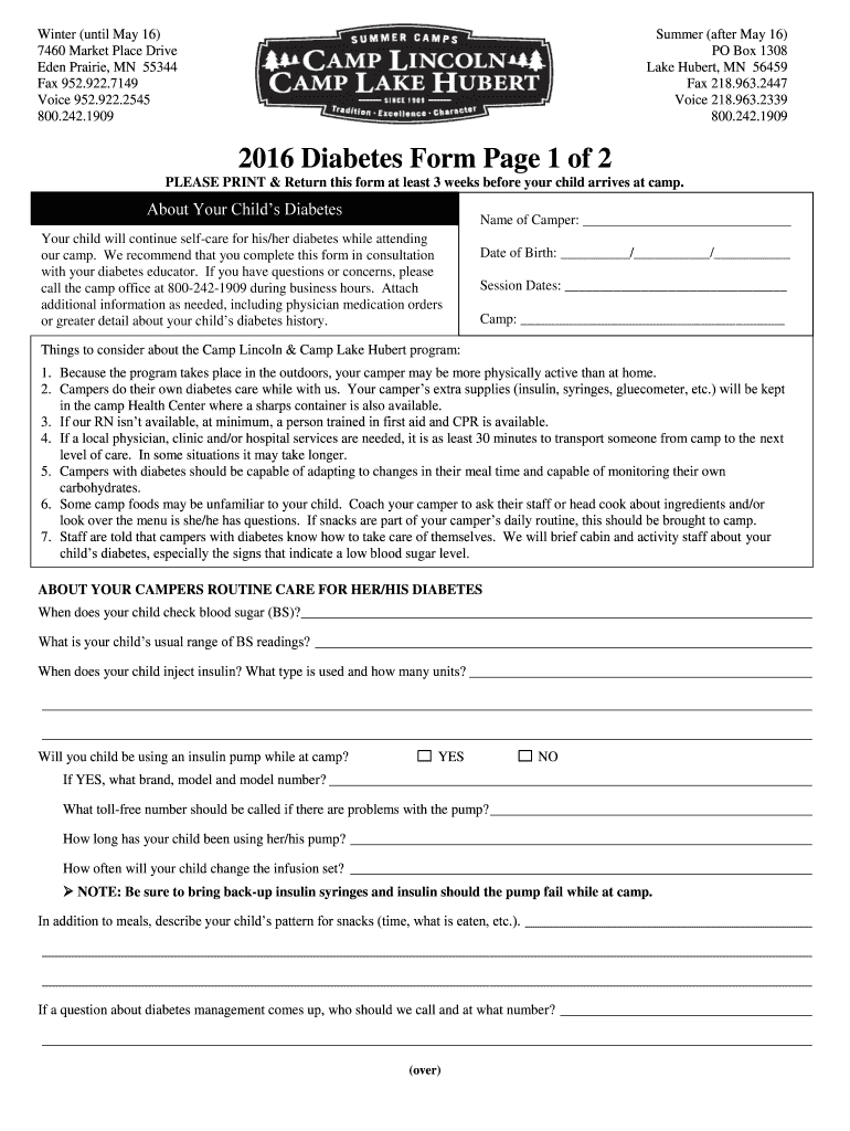 Fillable Online 2016 Diabetes Form Page 1 of 2 - blincoln ...
