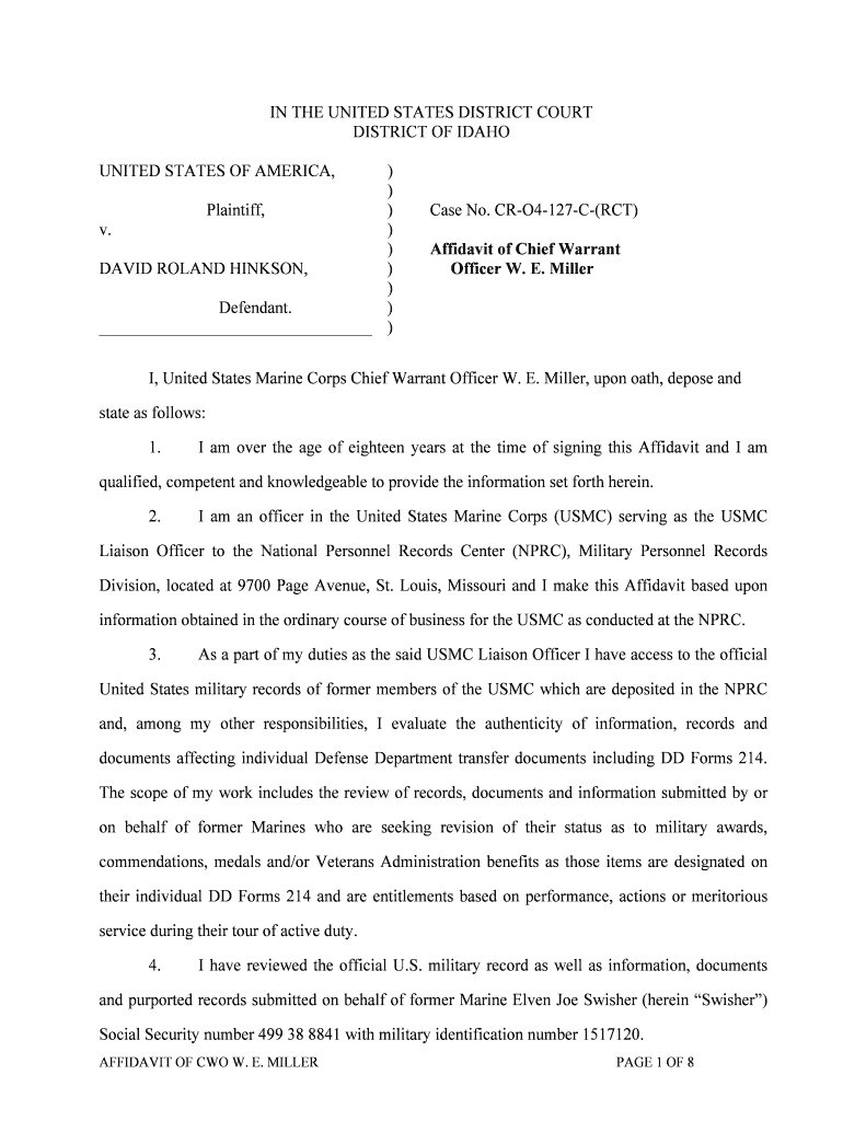 Fillable Online Affidavit of Chief Warrant DAVID ROLAND HINKSON Officer ...