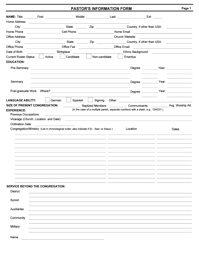 Fillable Online PASTORS INFORMATION FORM Page 1 Title First Middle Ext ...