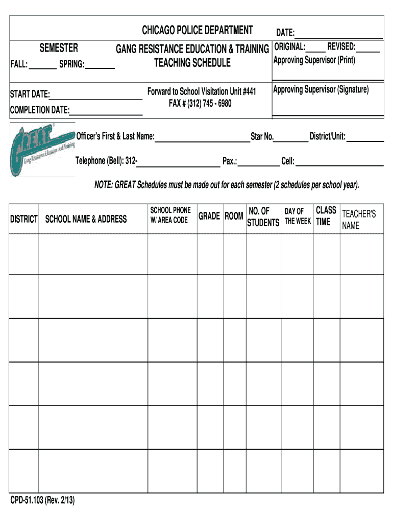 Fillable Online CHICAGO POLICE DEPARTMENT DATE GANG RESISTANCE ...