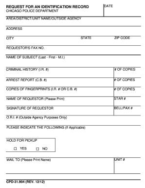 Fillable Online REQUEST FOR AN IDENTIFICATION RECORD CHICAGO POLICE Fax ...