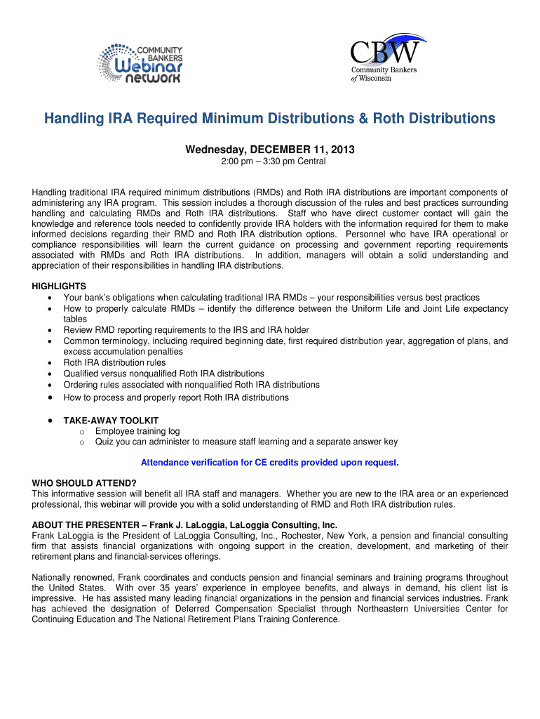 Fillable Online Handling IRA Required Minimum Distributions & Roth ...