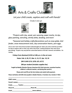 Fillable Online springglenpta Arts amp Crafts Club - Spring Glen School ...